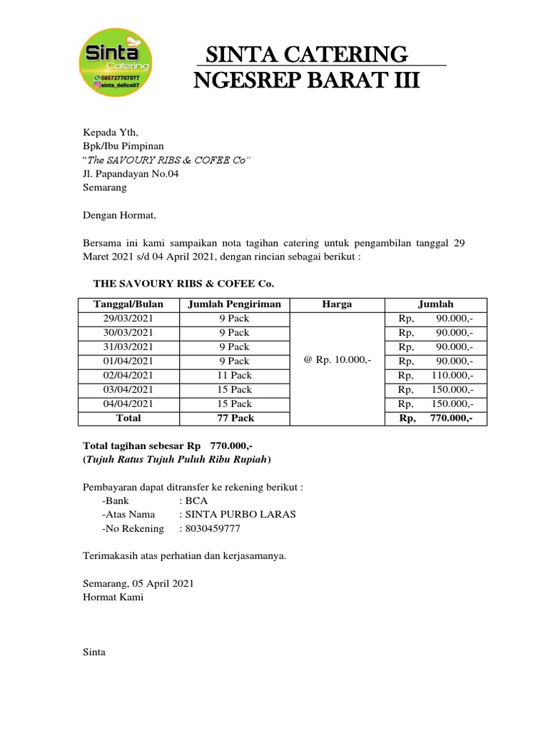 Nota Tagihan Catering Sinta | PDF | Memasak, Makanan, & Anggur