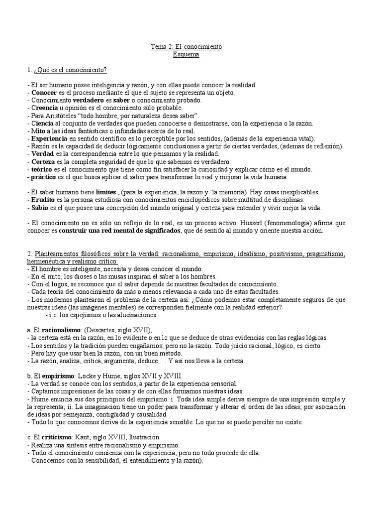 Tema 2 El Conocimiento Filosófico 2022 Esquema | PDF | Verdad | Conocimiento