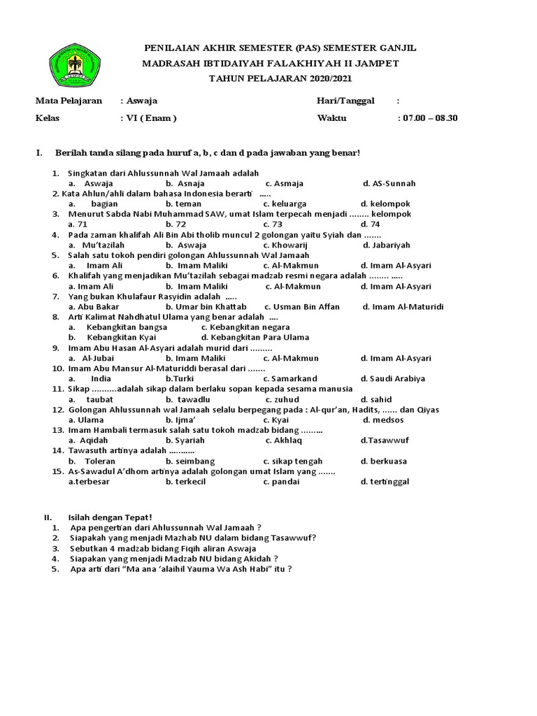 Soal Aswaja 6 Semester I | PDF