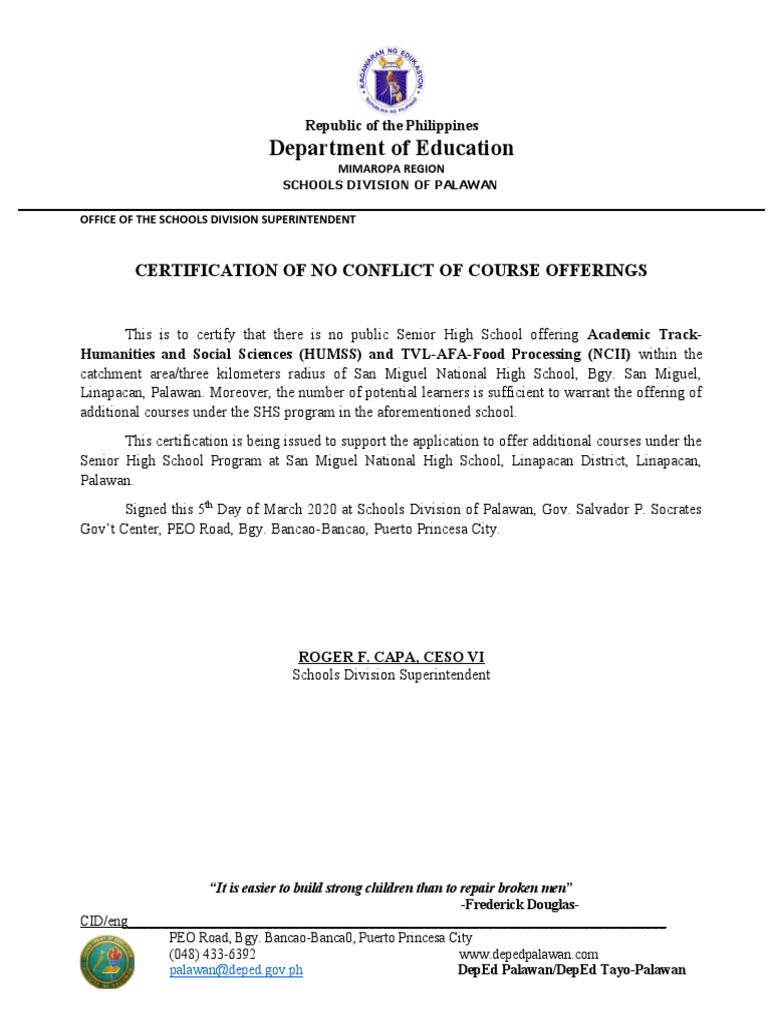 Documentary requirements-CERTIFICATION OF NO CONFLICT OF COURSE ...