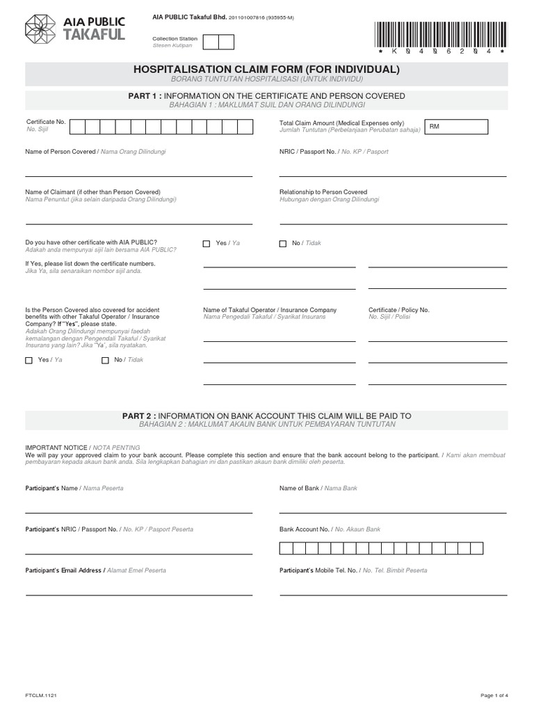AIA Hospitalisation Claim Form | PDF | Health Sciences | Medicine