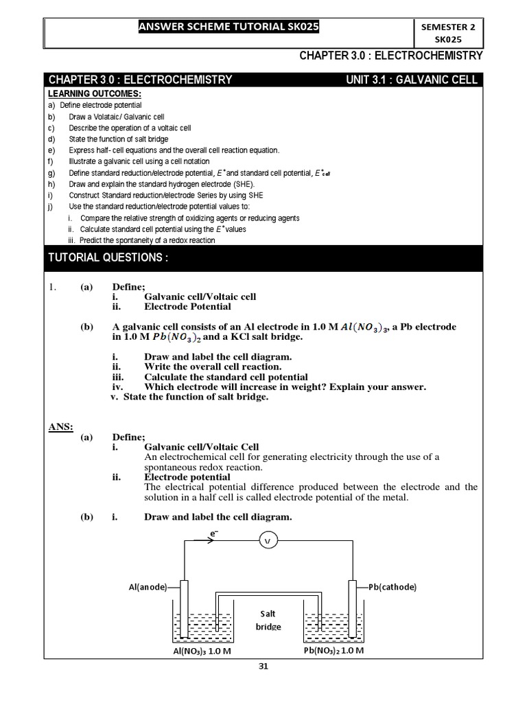 Answer Scheme Tutorial Sk025: Chapter 3.0: Electrochemistry | PDF | Electrochemistry | Redox