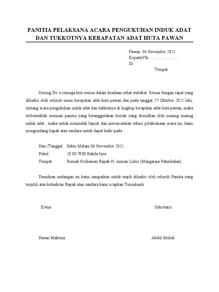Panitia Pelaksana Acara Pengukuhan Induk Adat | PDF