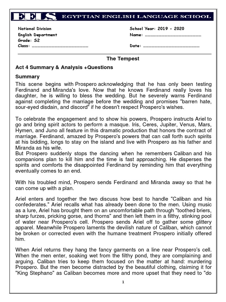 The Tempest Act 4 Summary & Analysis +questions | PDF | The Tempest