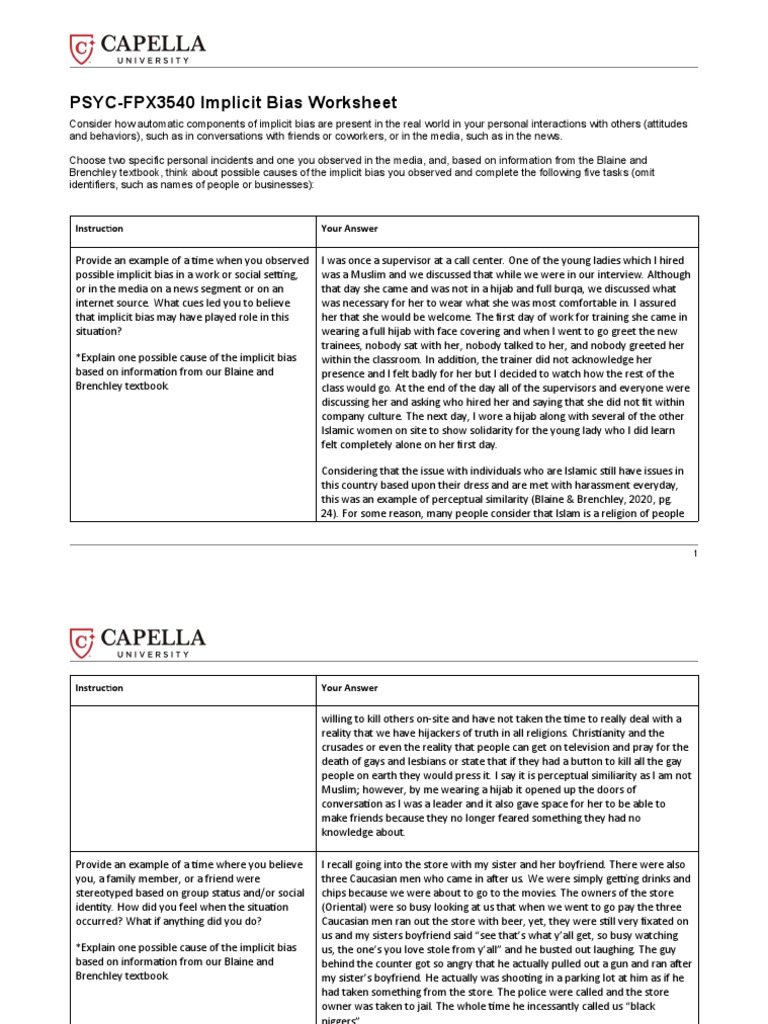 CF PSYC3540 Implicit Bias Worksheet-1 Week5 | PDF | Bias | Hijab