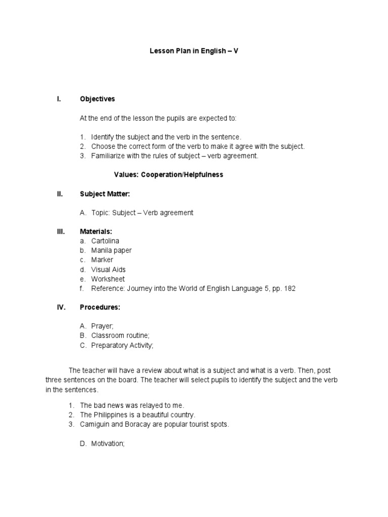 Subject-Verb Agreement Lesson Plan | PDF | Subject (Grammar) | English ...