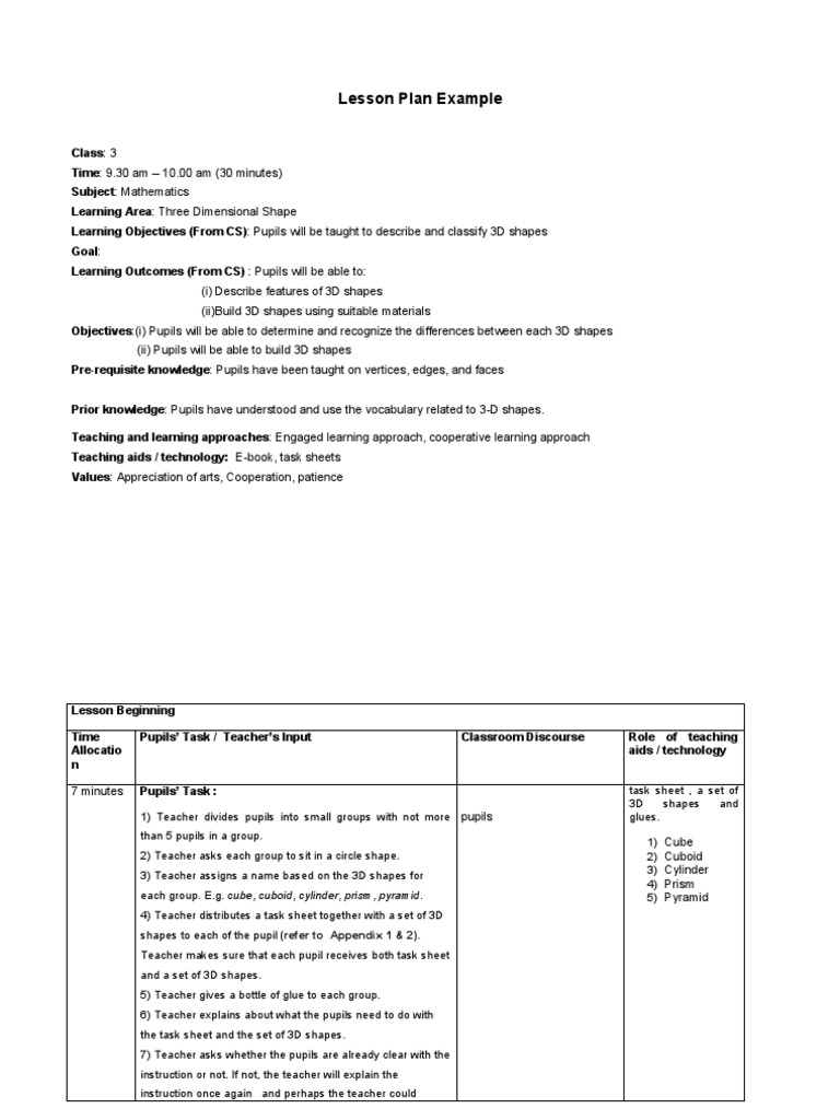 Lesson Plan Example | PDF | Teachers | Shape