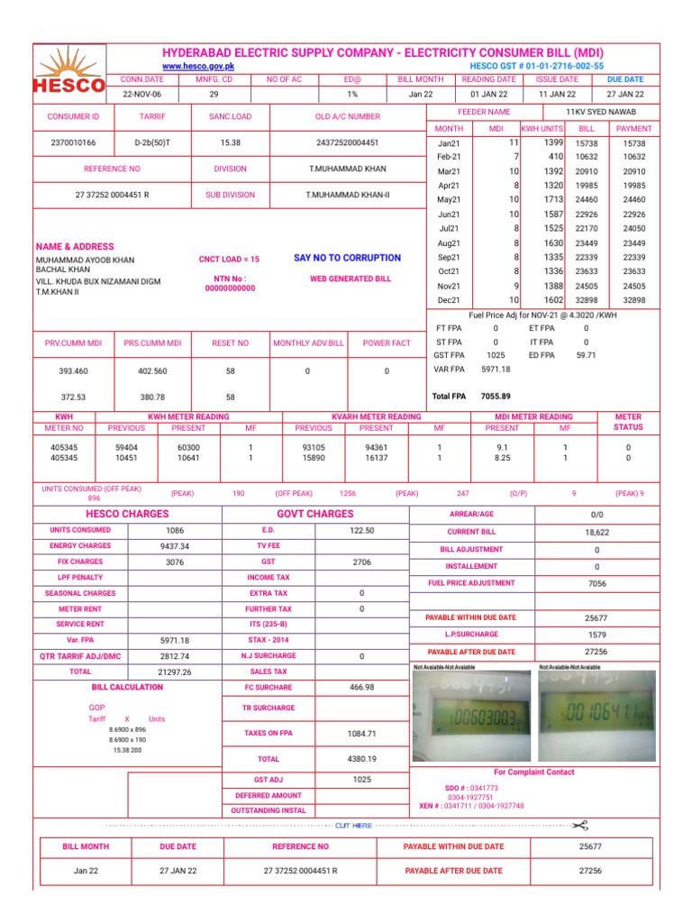Hyderabad Electric Supply Company - Electricity Consumer Bill (Mdi ...