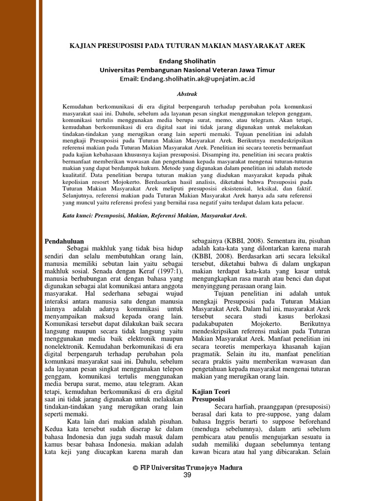 Kajian Presuposisi Pada Tuturan Makian Masyarakat Arek | PDF