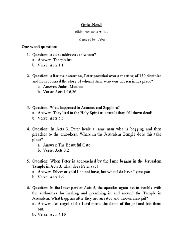 Quiz - Nos.1: Bible Portion: Acts 1-5 Prepared By: Feba | Download Free ...