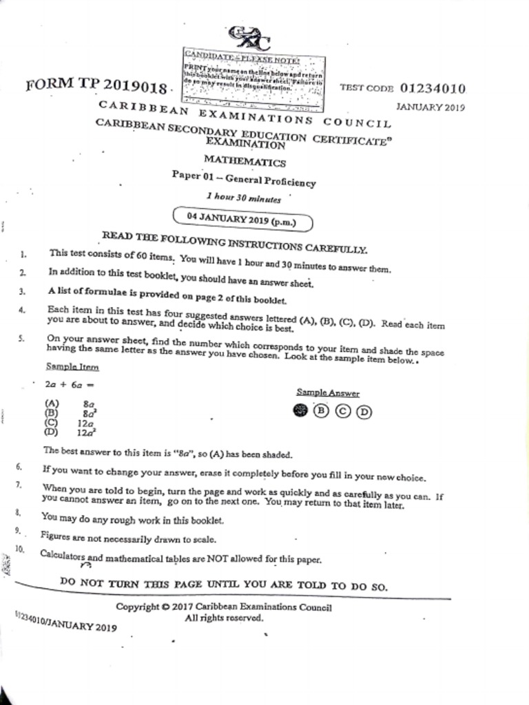 CSEC January 2019 Mathematics P1 | PDF