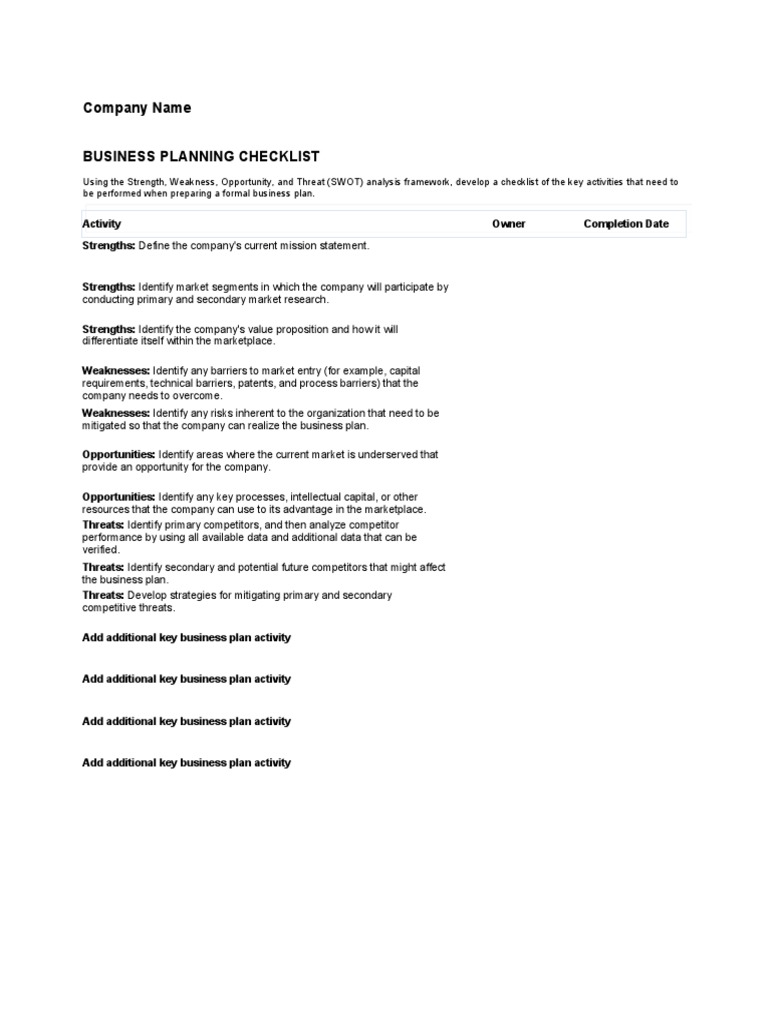 Company Name Business Planning Checklist | PDF