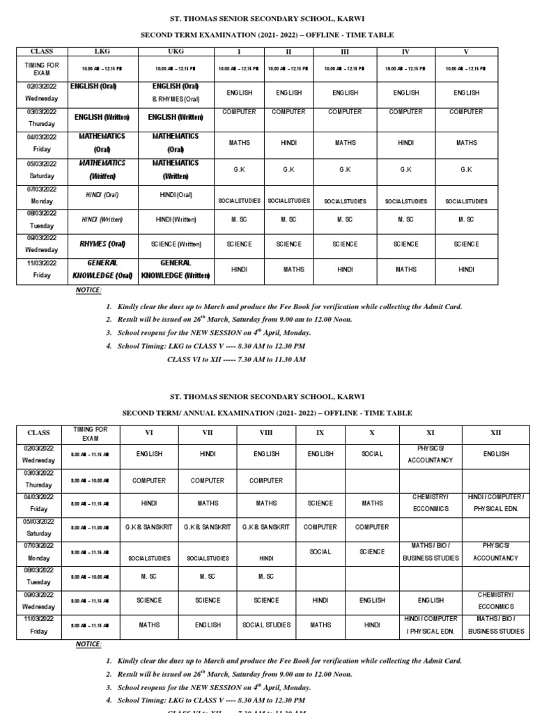 TERM 2 Examination Time Table (Offline) | PDF | Science