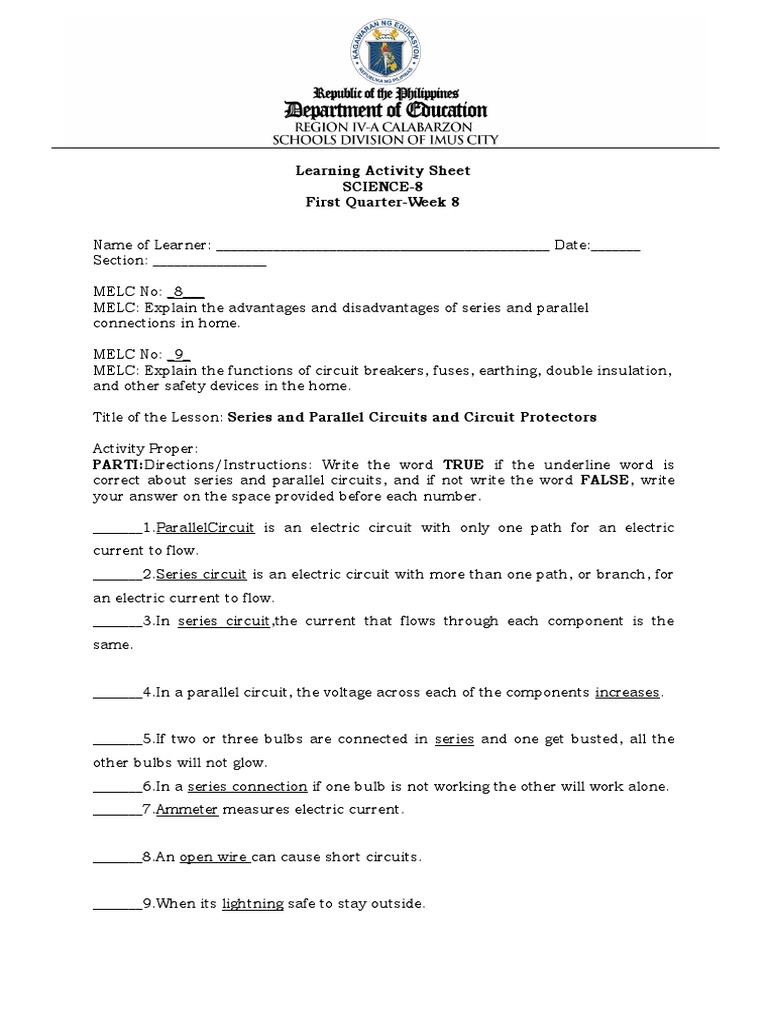 Learning Activity Sheet Science-8 First Quarter-Week 8 | PDF | Series ...