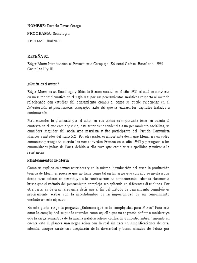 Reseña 2 Morin - Tovar Ortega Daniela | PDF | Teoría de sistemas | Teoría