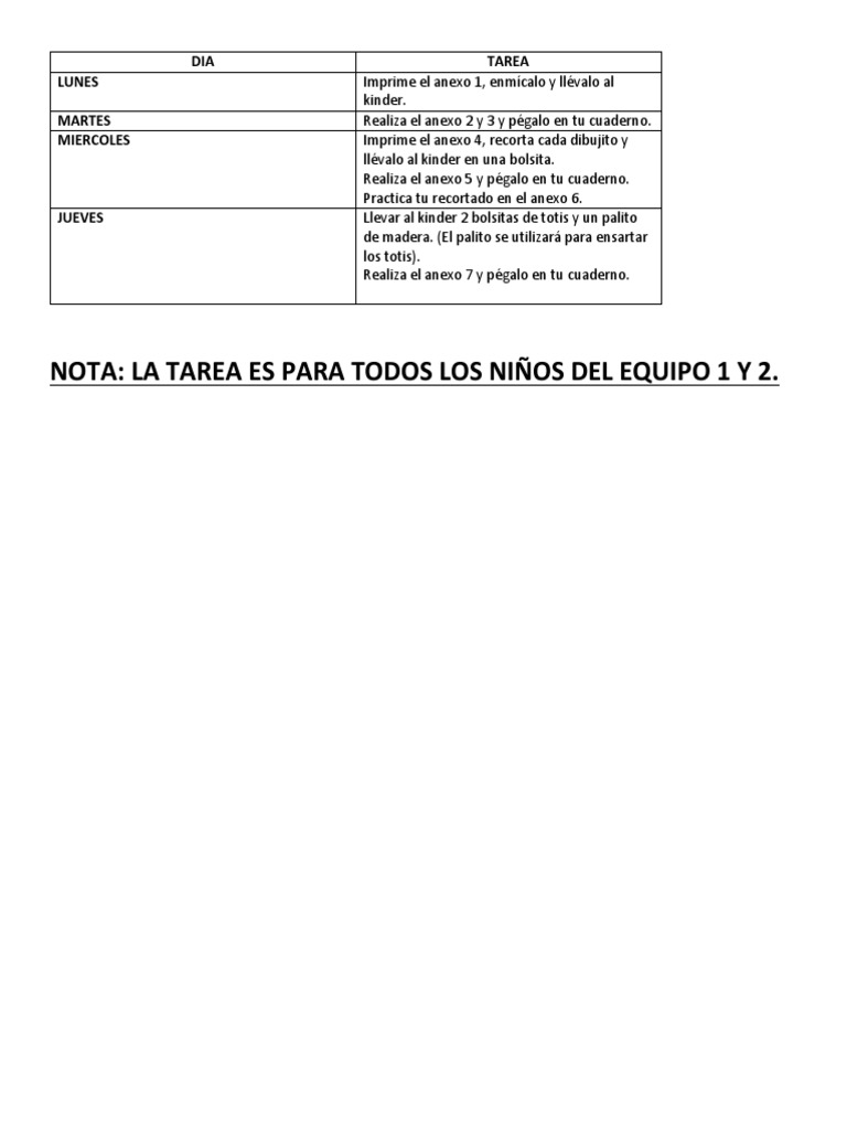 Instrucciones de Tarea para el Kinder | PDF