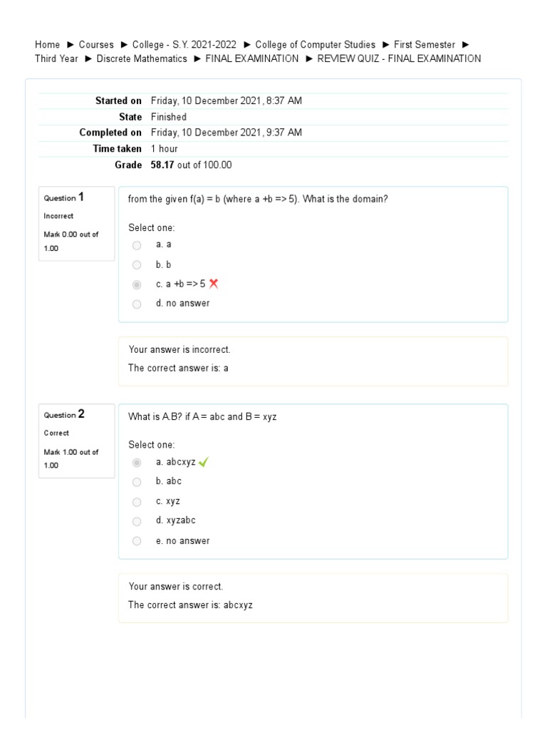 Discrete Math Final Exam Review Quiz | PDF | Mathematical Proof | Theorem