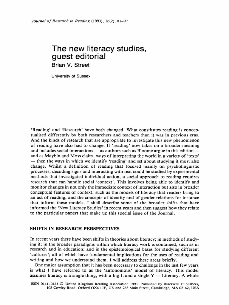 Street - The New Literacy Studies, Guest Editorial | PDF | Literacy ...