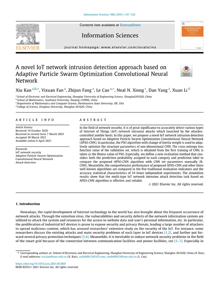 A Novel IoT Network Intrusion Detection Approach Based On Adaptive Particle Swarm Optimization ...