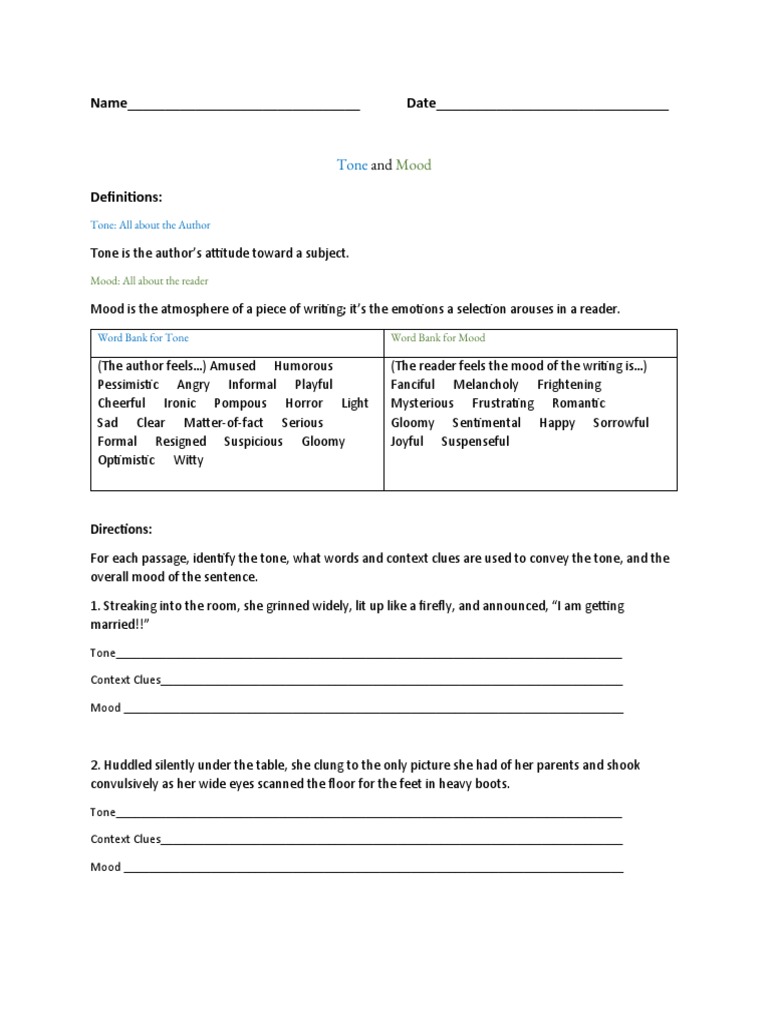 Tone and Mood Worksheet | PDF | Mental Health | Mood (Psychology)