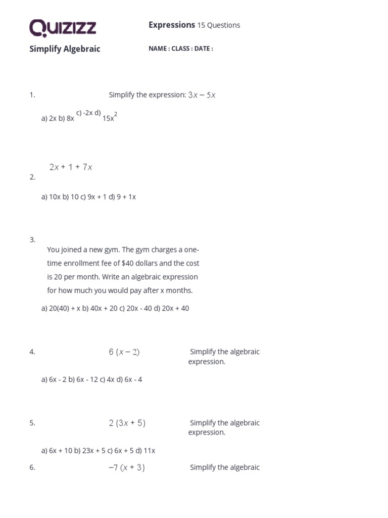 Simplify Algebraic Expressions (With ANSWERS) | PDF | Mathematics | Algebra