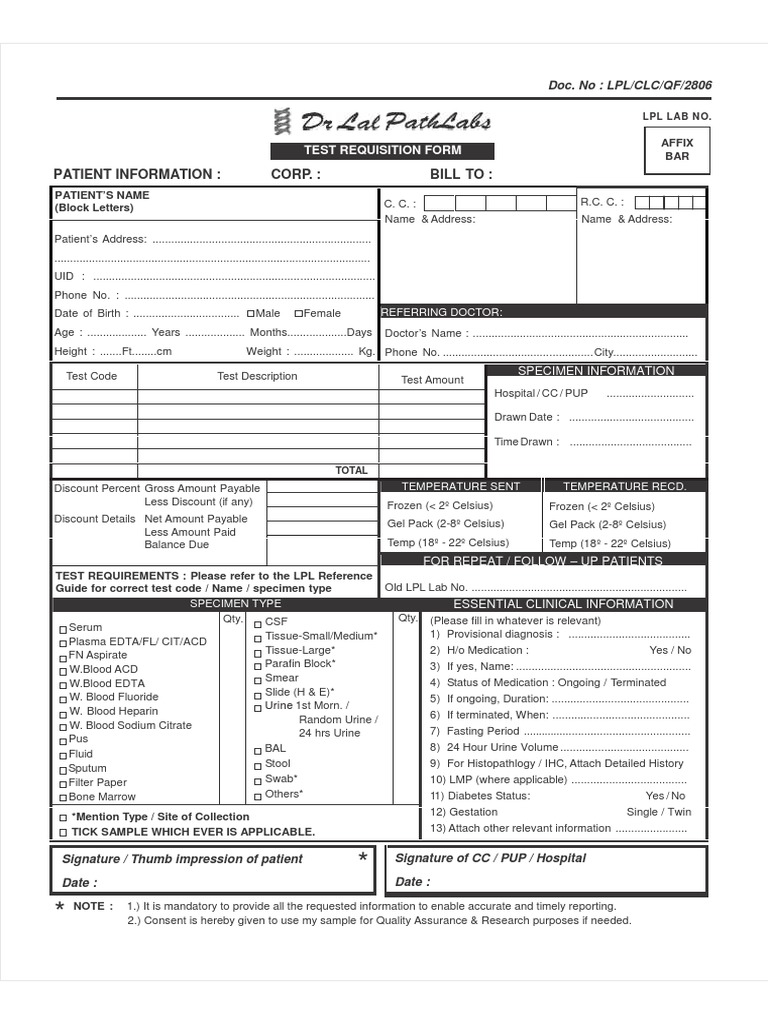 Patient Information: Corp.: Bill To:: Doc. No: LPL/CLC/QF/2806 ...