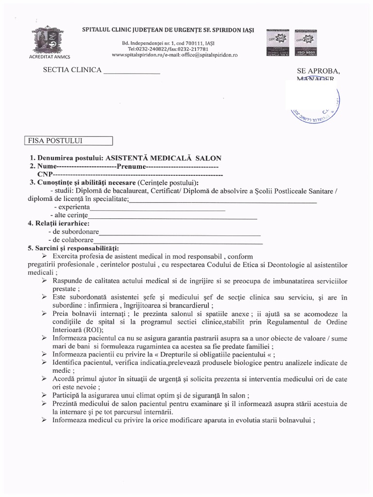 Fisa Post Asistent Medical | PDF