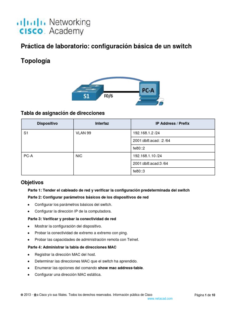 1.1.7 Lab Basic Switch Configuration YOSNEL | PDF | Dirección IP | Conmutador de red
