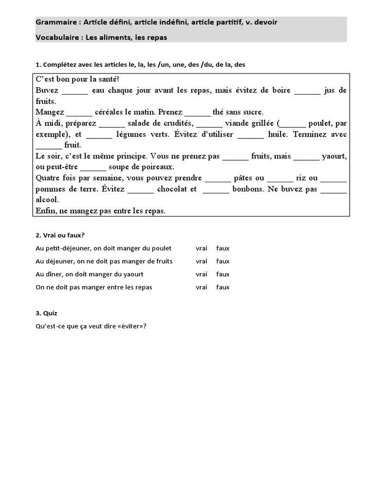Gram - Articles Partitifs + Devoir + Aliments Repas | PDF | Bien-être