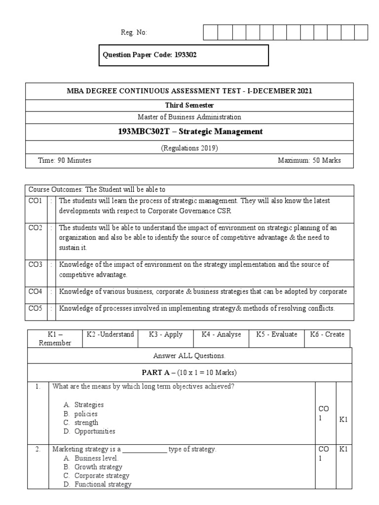 193MBC302T - Strategic Management: Question Paper Code: 193302 | PDF ...