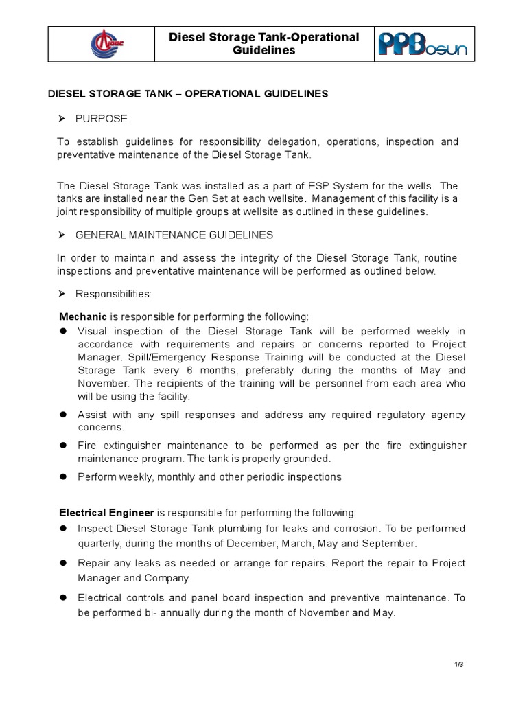 Diesel Storage Tank Maintenance Procedure | PDF | Pump | Tanks
