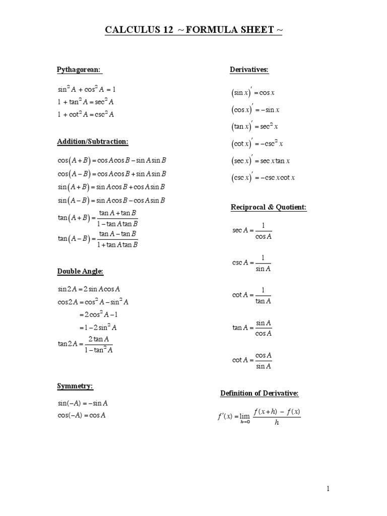 Calculus 12 Formula Sheet : Pythagorean: Derivatives | PDF ...