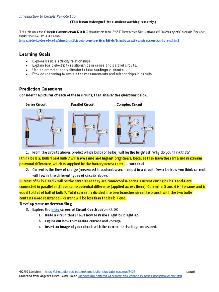 Learning Goals: Introduction To Circuits Remote Lab | PDF | Series And Parallel Circuits | Voltage