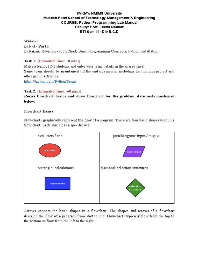 Week - 1 Lab - 1 - Part I Lab Aim: Revision - Flowchart, Basic Programming Concepts, Python ...