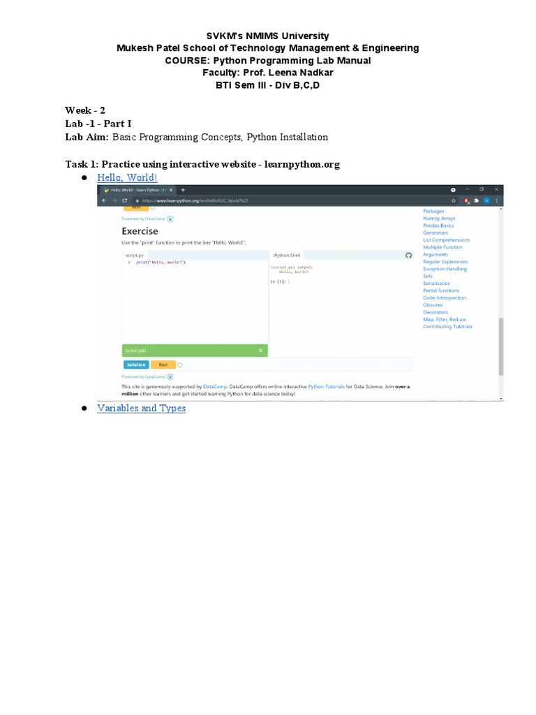 Week - 2 Lab - 1 - Part I Lab Aim: Basic Programming Concepts, Python ...