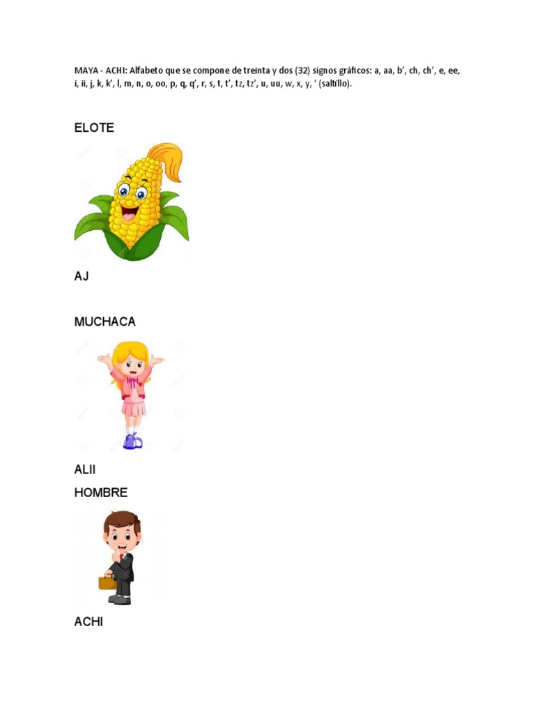 Alfabeto y vocabulario en Achi | PDF