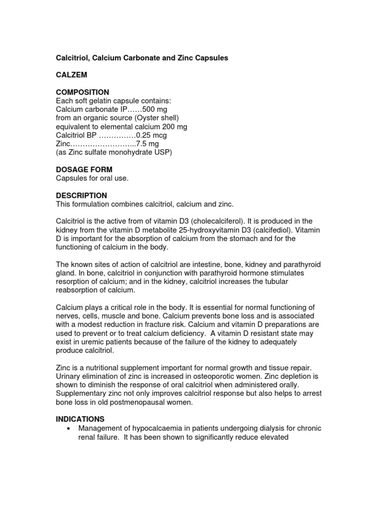 Calcitriol, Calcium Carbonate and Zinc Capsules Calzem Composition ...
