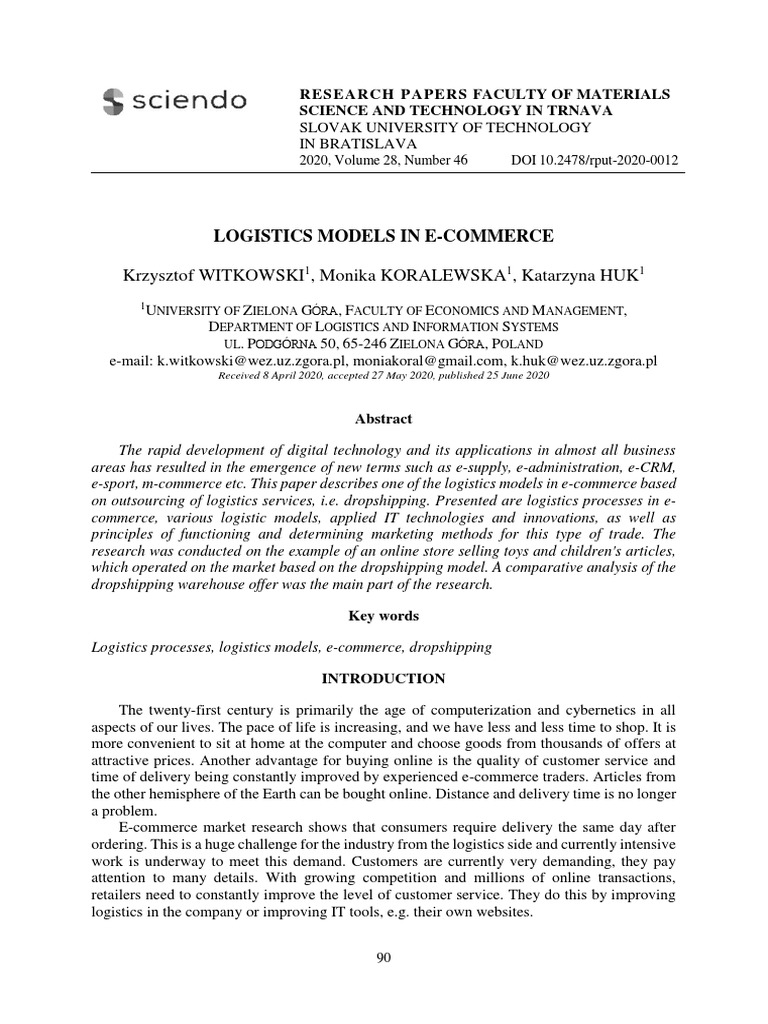 Krzysztof WITKOWSKI, Monika Koralewska, Katarzyna HUK: Logistics Models ...