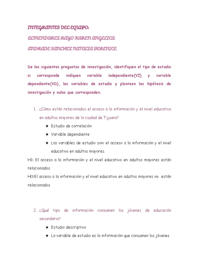 Ejercicio - Tipo de Estudio, Variables e Hipótesis | PDF | Autoeficacia ...