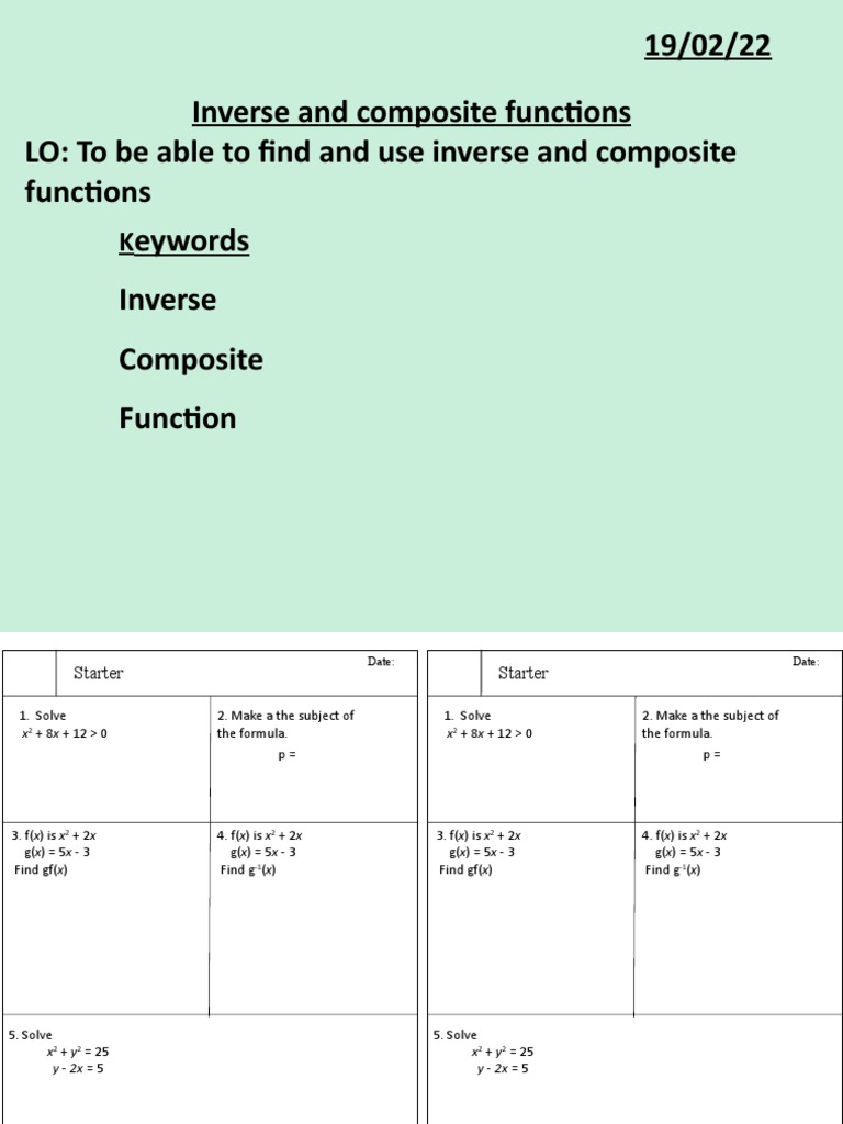 19/02/22 Inverse and Composite Functions LO: To Be Able To Find and Use ...