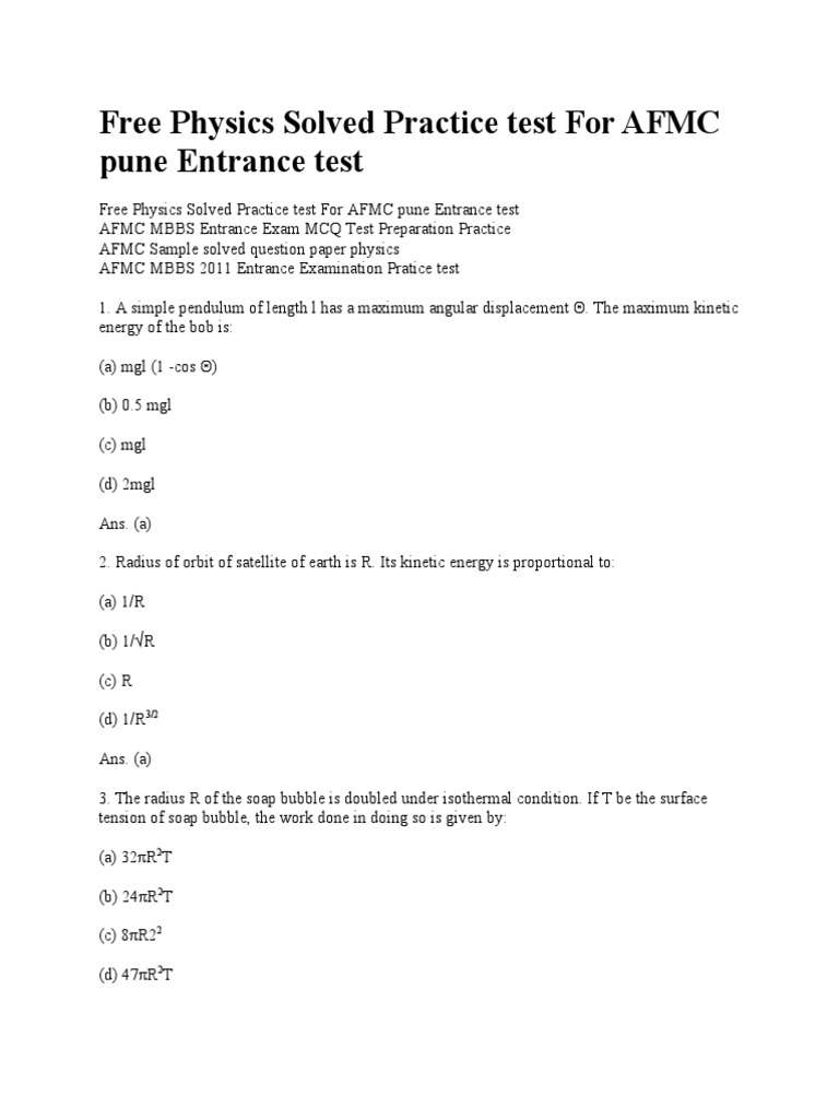 AFMC Physics Practice Test 2025 | PDF | Sphere | Physics