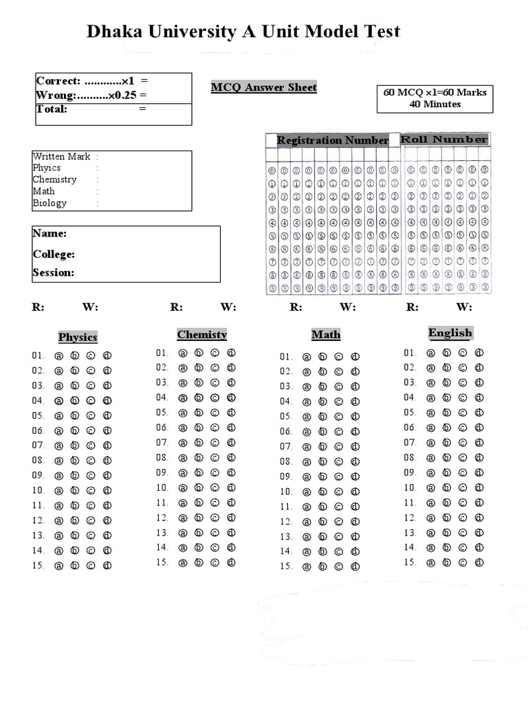 Dhaka University A Unit MCQ Test Sheet | PDF | Multiple Choice ...