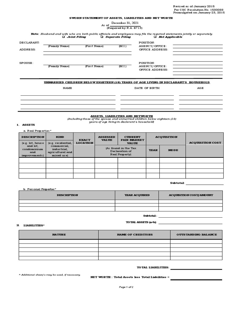 Saln Form Blank 2015 | PDF | Net Worth | Economies