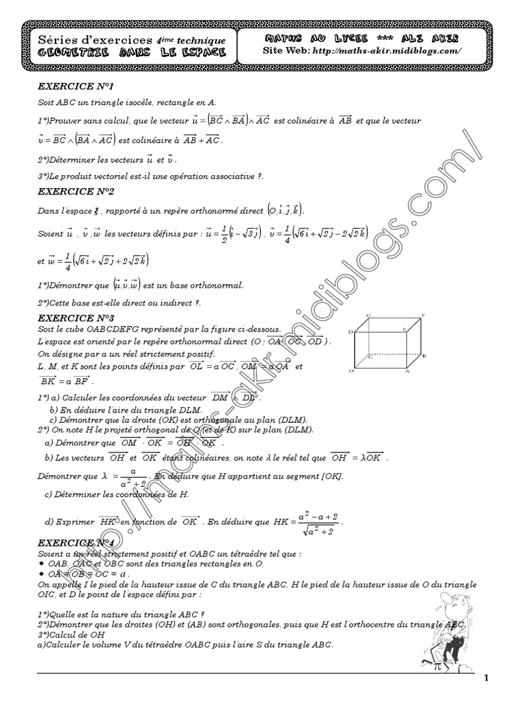 Série D'exercices - Math - Géométrie Dans L'espace - Bac Technique ...