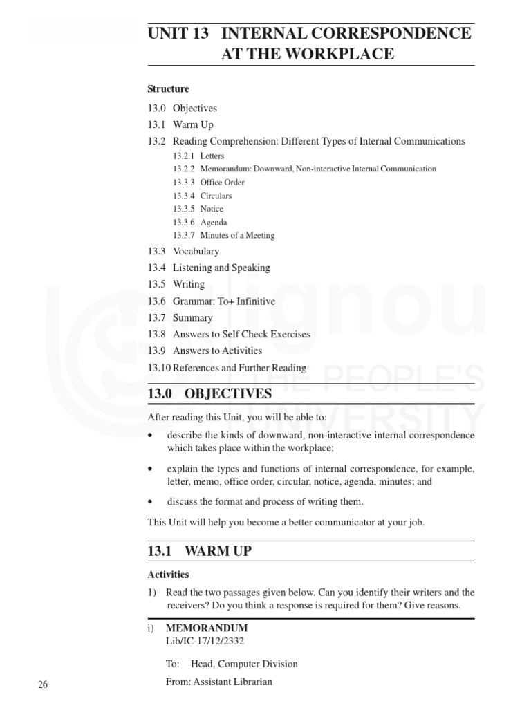 Unit 13 Internal Correspondence at The Workplace: 13.0 Objectives | PDF ...
