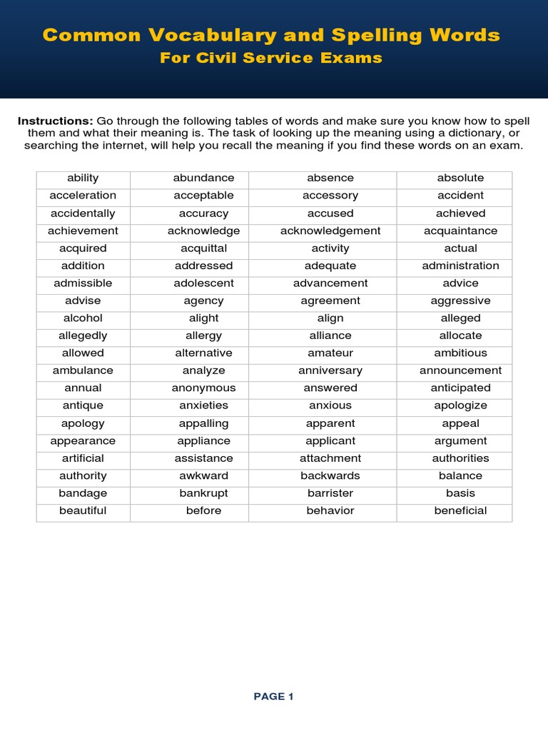 Common Vocabulary Words For Civil Service Exams | PDF