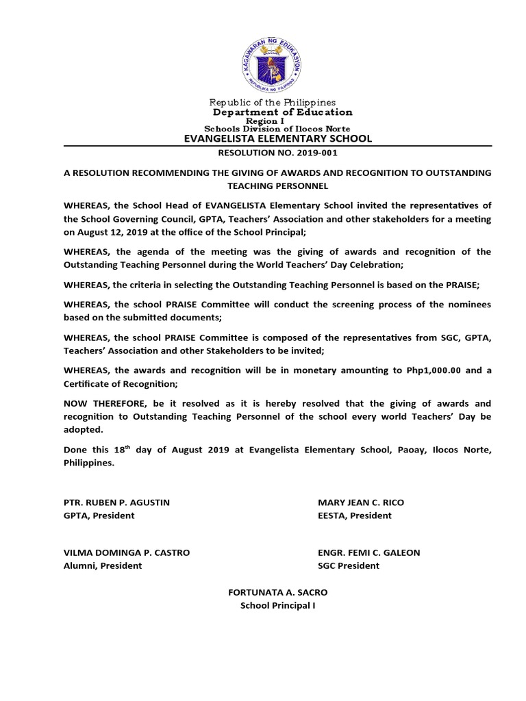 A Resolution Recommending The Giving of Awards | PDF