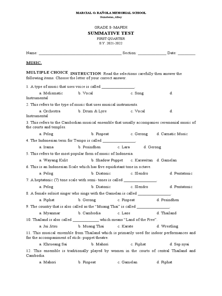 Summative Test: Music. MULTIPLE CHOICE. INSTRUCTION: Read The ...