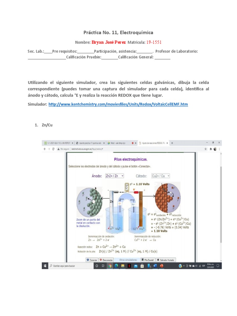 REPORTE Práctica No 11 Electroquimica (Bryan Perez) | PDF | Redox | Electrodo