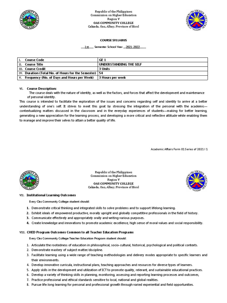 Understanding the Self: A Course Syllabus for GE 1 at Oas Community ...